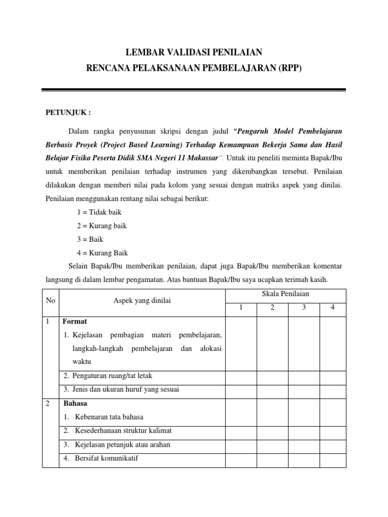 Lembar Validasi Penilaian RPP | PDF | Karier & Perkembangan | Seni