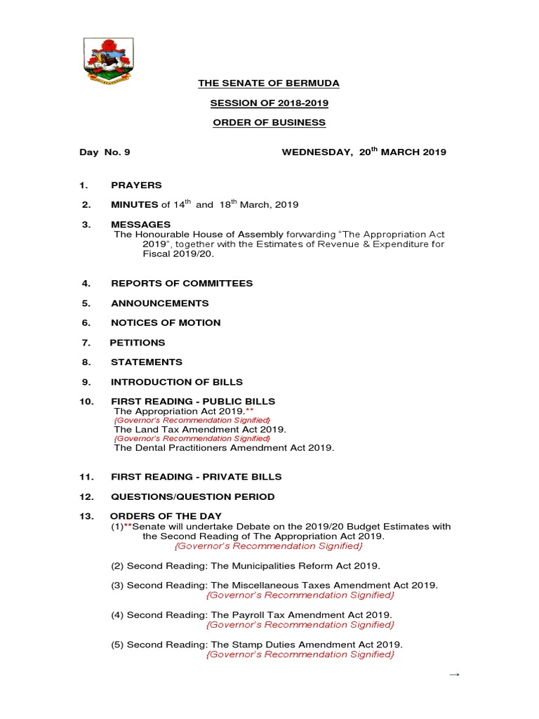 The Senate of Bermuda: (Governor's Recommendation Signified) | PDF ...