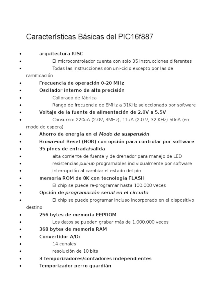Características Básicas Del PIC16f887 | PDF | Microcontrolador | Programa de computadora
