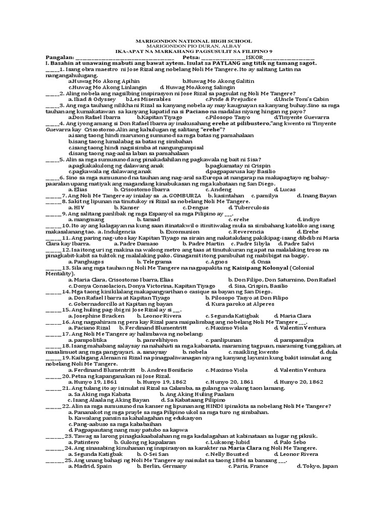 4th Exam in Fil 9-Mari | PDF