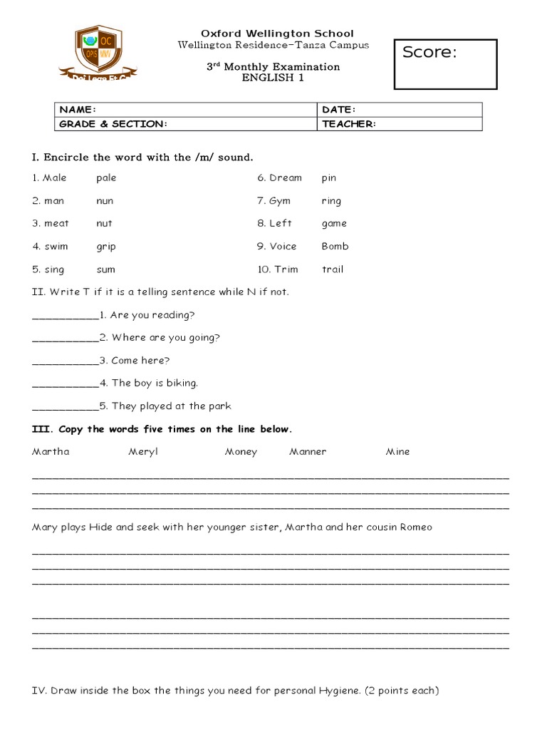 Grade 1 Test Papers | PDF | Teaching Mathematics | Nature