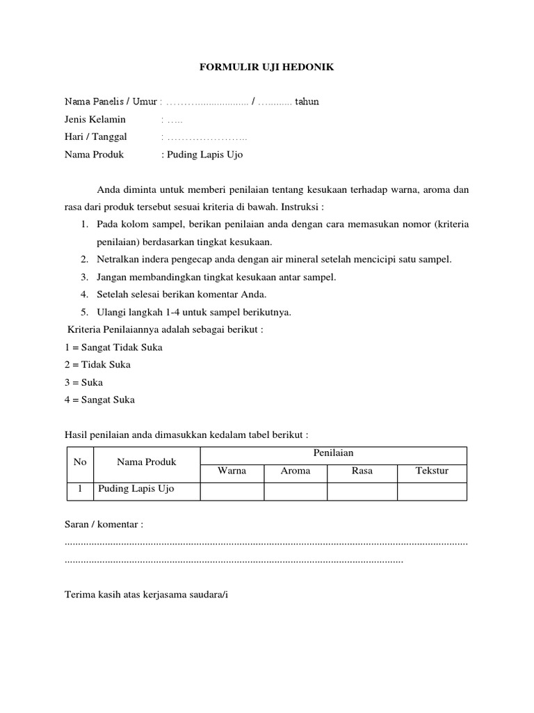 Formulir Uji Hedonik | PDF