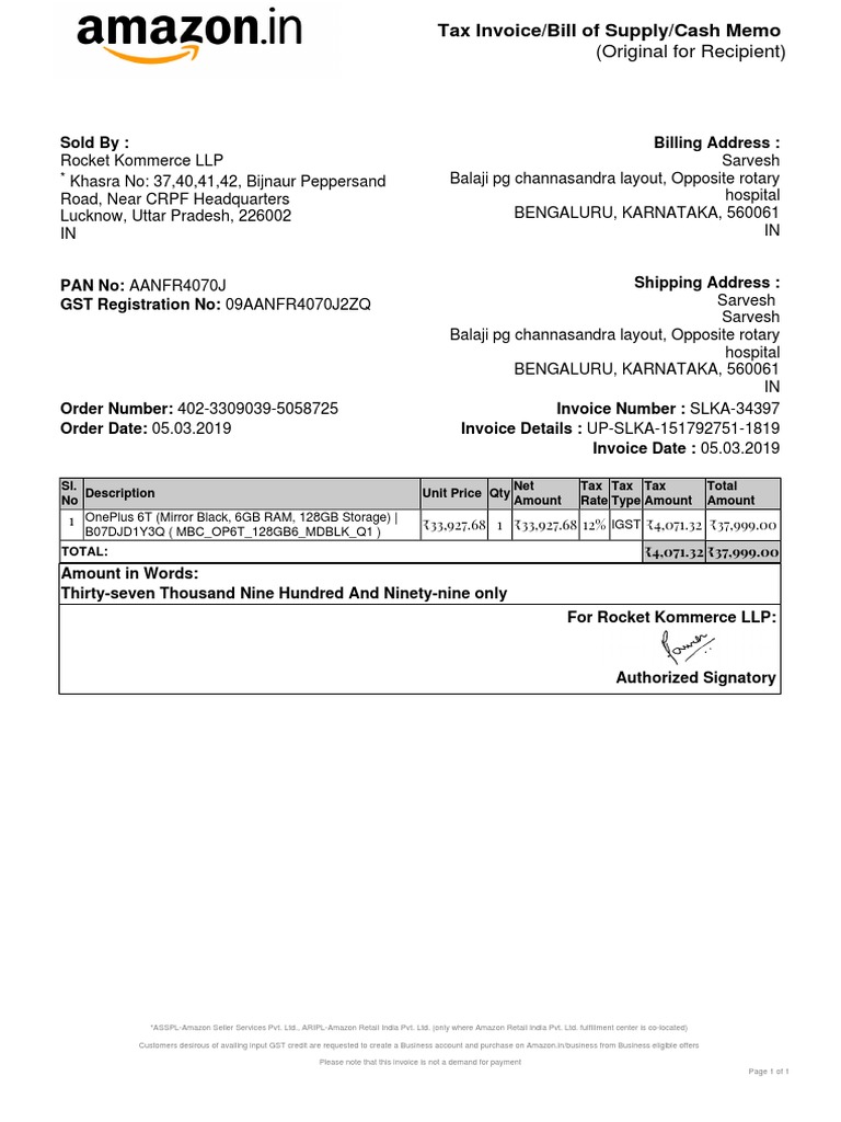 Oneplus 6t Invoice | Invoice | Market (Economics)