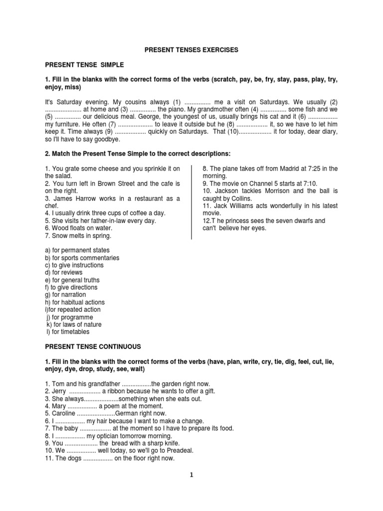 Present Tenses Exercises PDF | PDF | Grammar | Language Mechanics