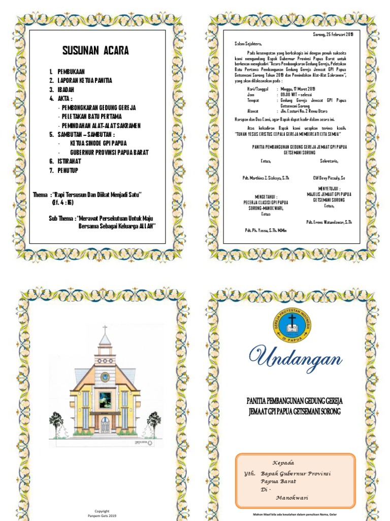Contoh Undangan Pembangunan Gedung Gereja Khusus Gubernur 2019 | PDF