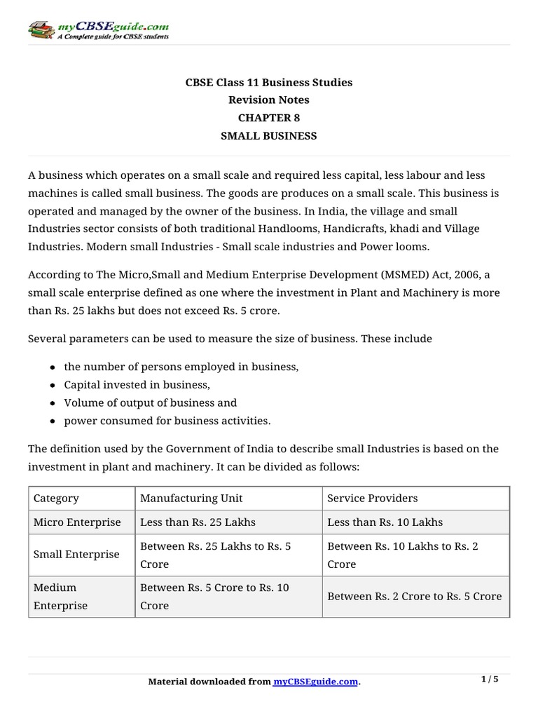 11 Business Studies Notes Ch08 Small Business | PDF | Employment | Business