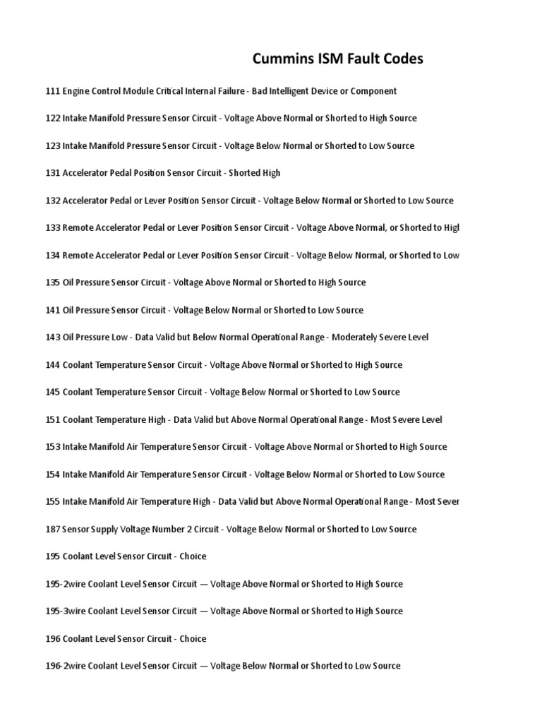Cummins ISM Fault Codes | PDF | Throttle | Turbocharger