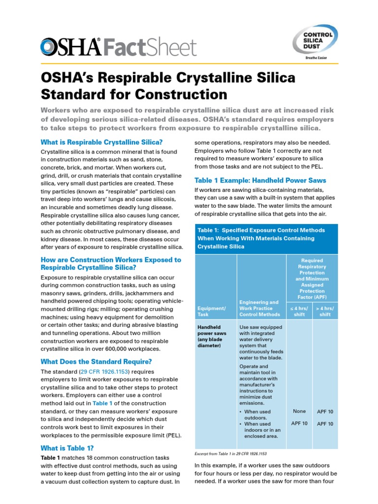 Factsheet: Osha'S Respirable Crystalline Silica Standard For ...