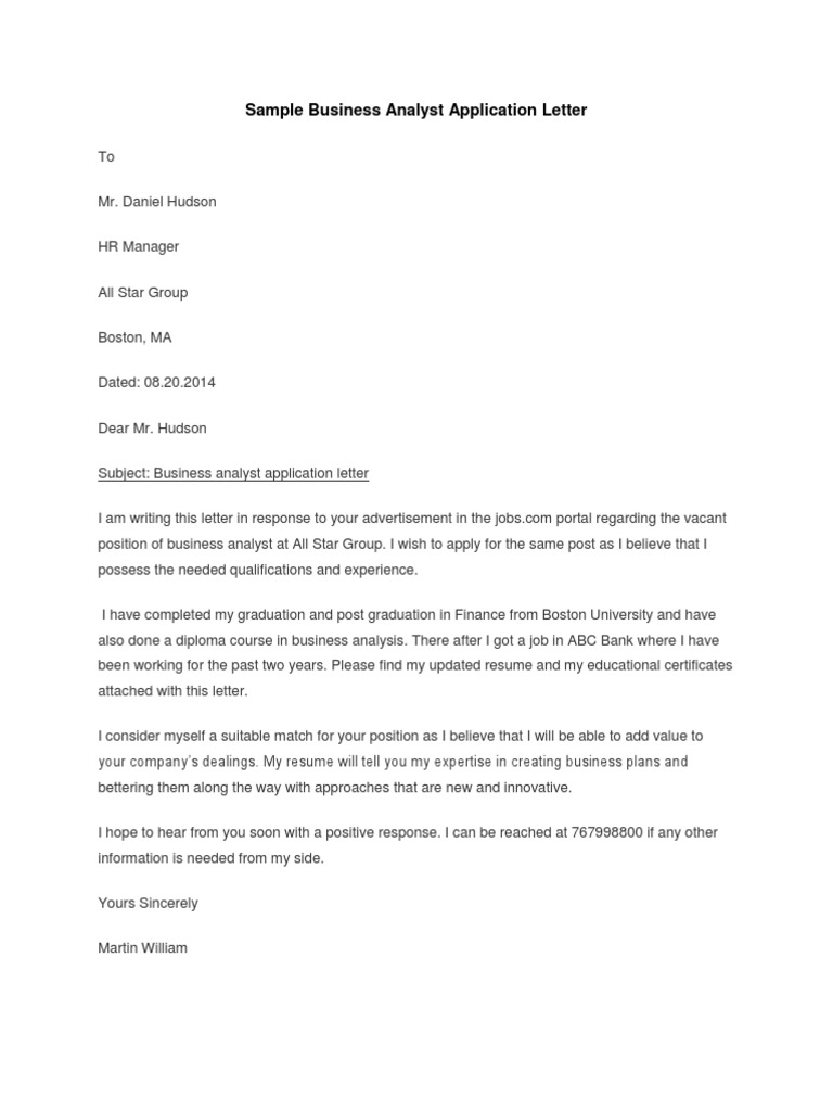 Sample Business Analyst Application Letter | PDF