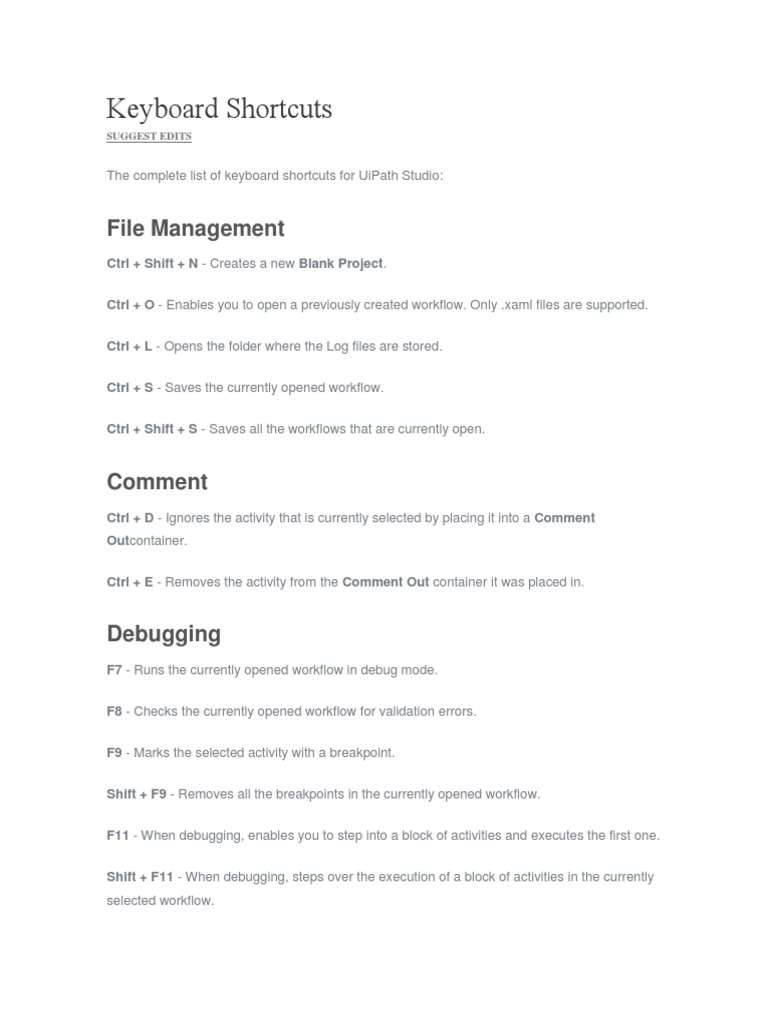 UIPath Keyboard Shortcuts | PDF | Keyboard Shortcut | Computer Keyboard