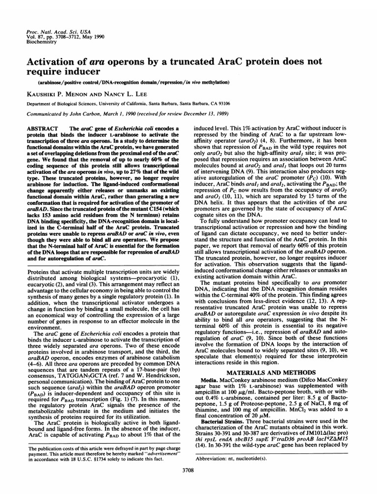 3708 Activation of Ara Operons | PDF | Operon | Structural Biology