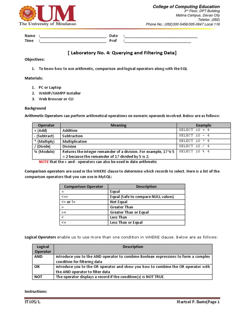 Laboratory No. 4: Querying and Filtering Data | PDF | Areas Of Computer ...