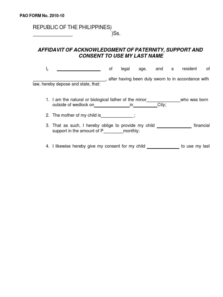 8 Affidavit of Acknowledgement of Paternity, Support and Consent To Use My Last Name | PDF