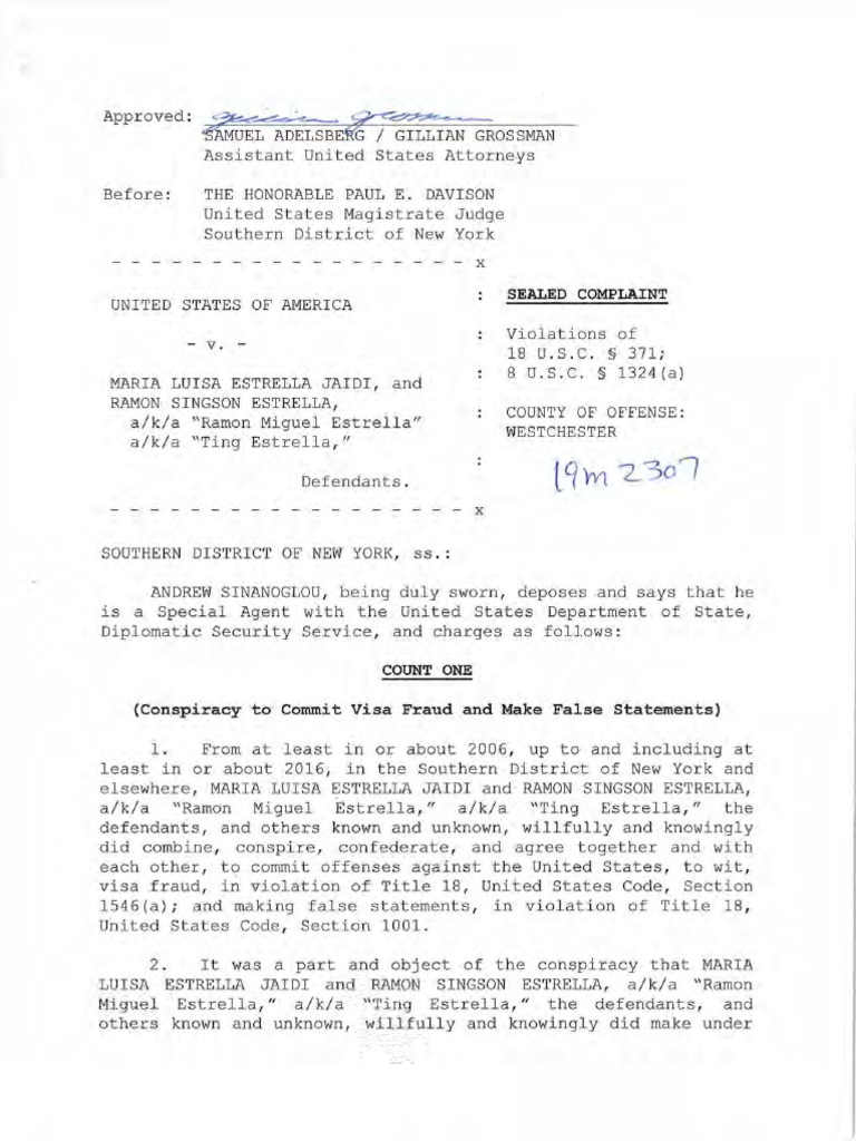 U.S. v. Maria Estrella Jaidi Ramon Estrella Complaint | PDF