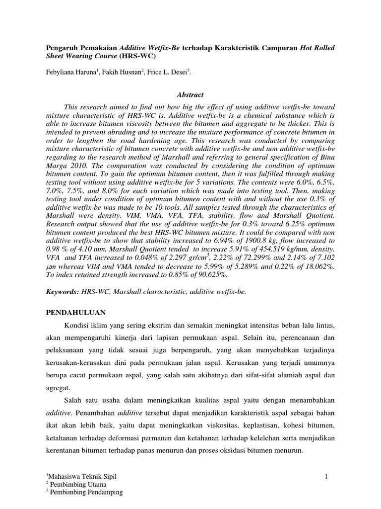 Sheet Wearing Course (HRS-WC) : Pengaruh Pemakaian Additive Wetfix-Be ...