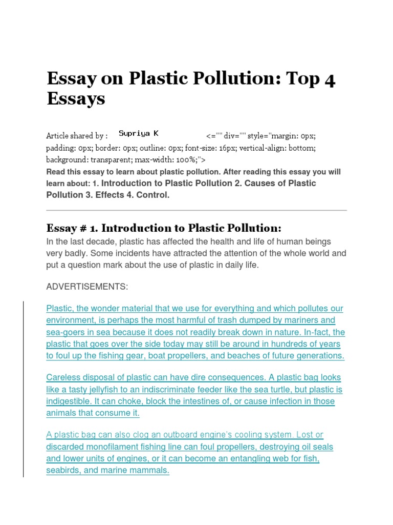 Essay On Plastic Pollution | PDF | Marine Mammals | Sea