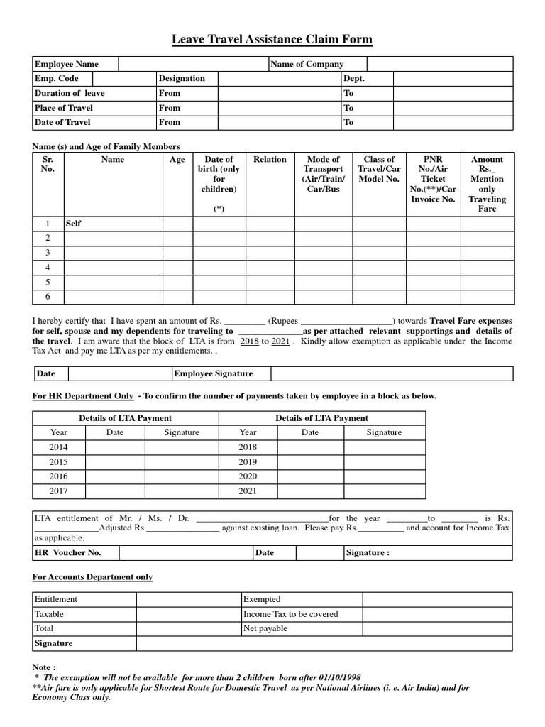 Leave Travel Assistance Claim Form - Employee Travel Reimbursement ...
