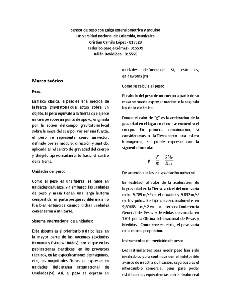 Sensor de Peso Con Galga Extensiometrica y Arduino | PDF | Peso | Gravedad