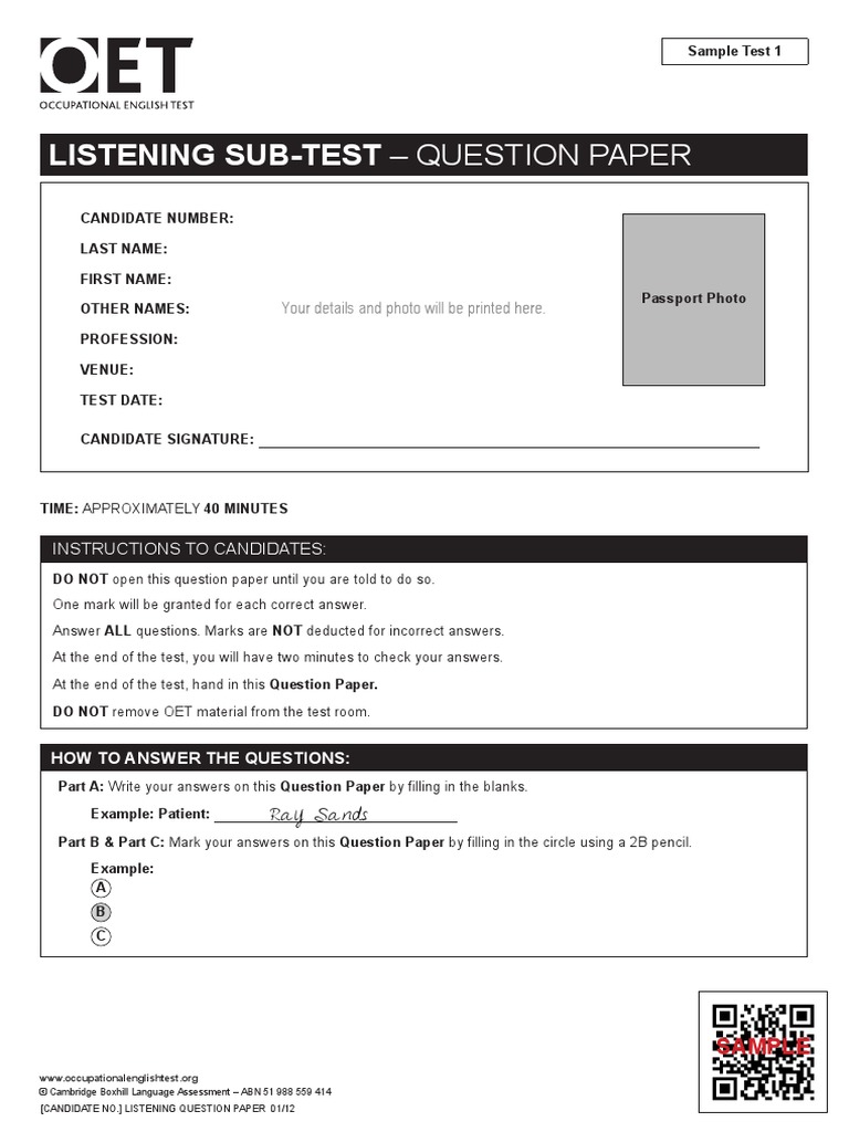 Listening Sample Test 1 Question Paper PDF | PDF | Question | Patient
