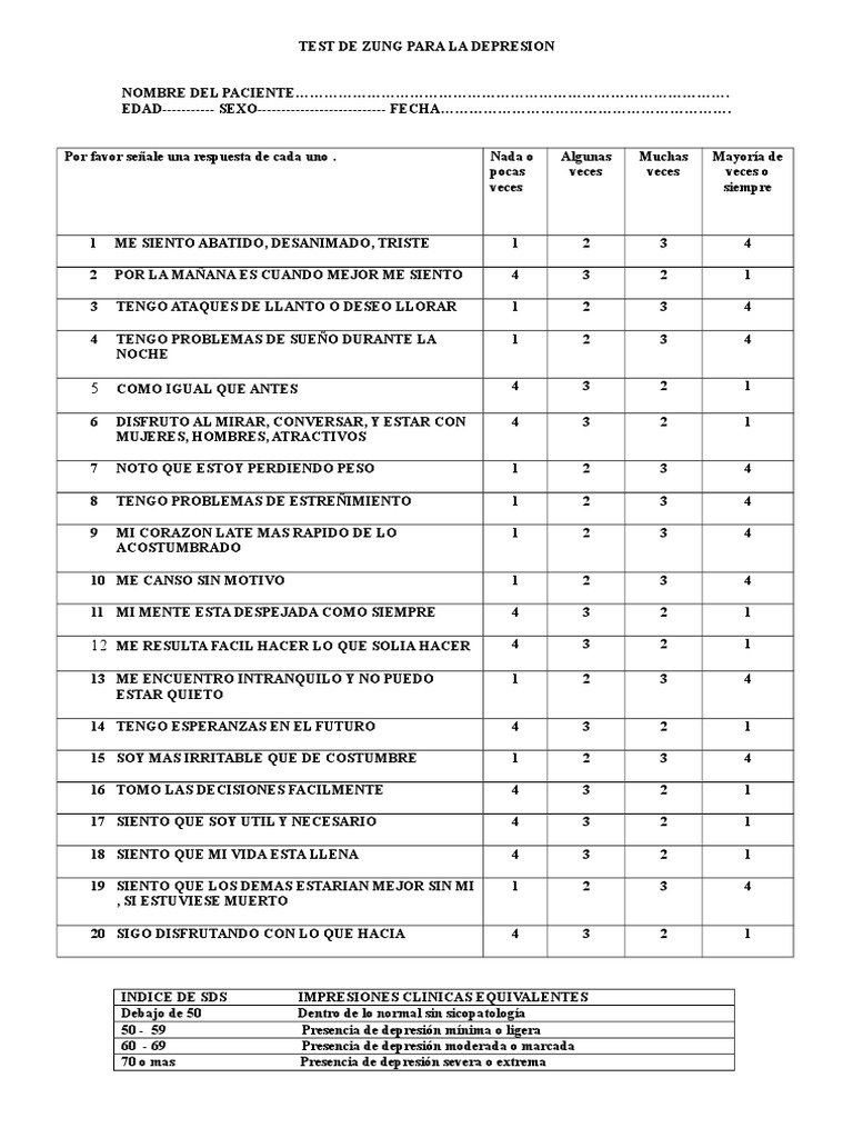 Test de Zung para Evaluar Depresión | PDF | Depresión (estado de ánimo)