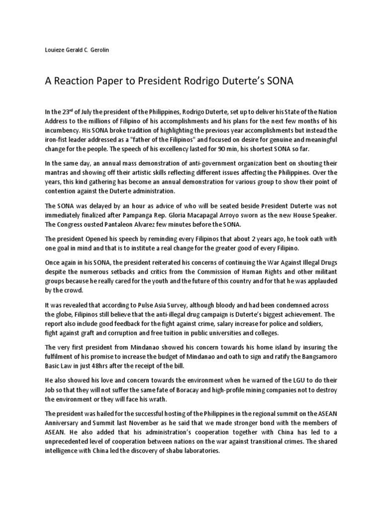 Duterte's 2025 SONA Reaction Paper | PDF | Rodrigo Duterte | President ...