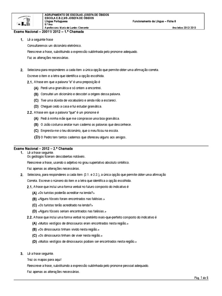 Ficha 8 - Exercicios Exame | PDF | Pronome | Assunto (gramática)