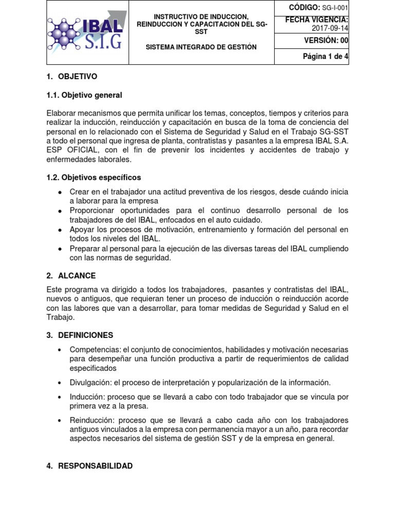 Sg-i-001-Instructivo de Induccion, Reinduccion y Capacitacion | PDF | Seguridad | Razonamiento ...