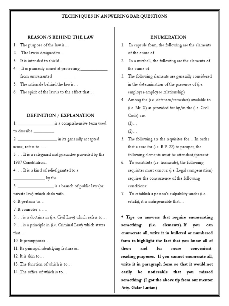 Techniques in Answering Bar Questions | PDF | Supreme Courts | Supreme ...
