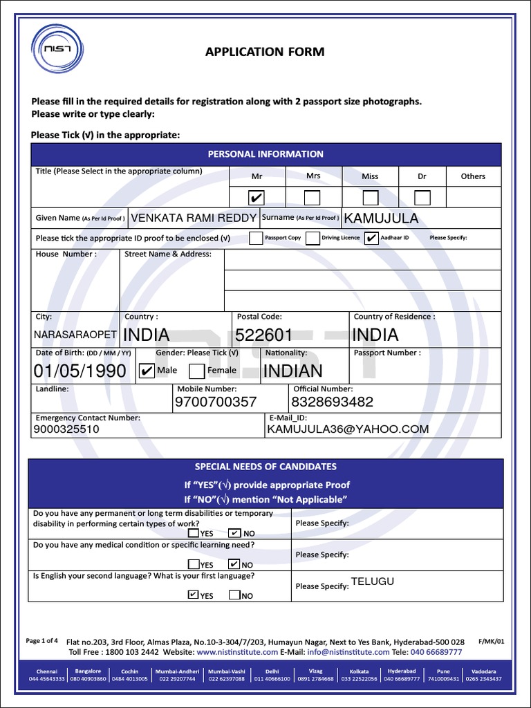 NIST Institute Training Application Form | PDF | Test (Assessment) | Fee