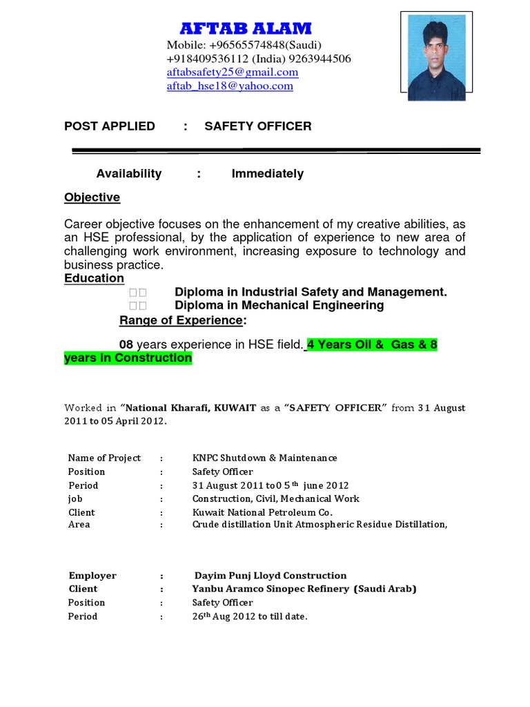 Safety Officer CV for Oil & Gas Industry | PDF | Safety | Emergency ...
