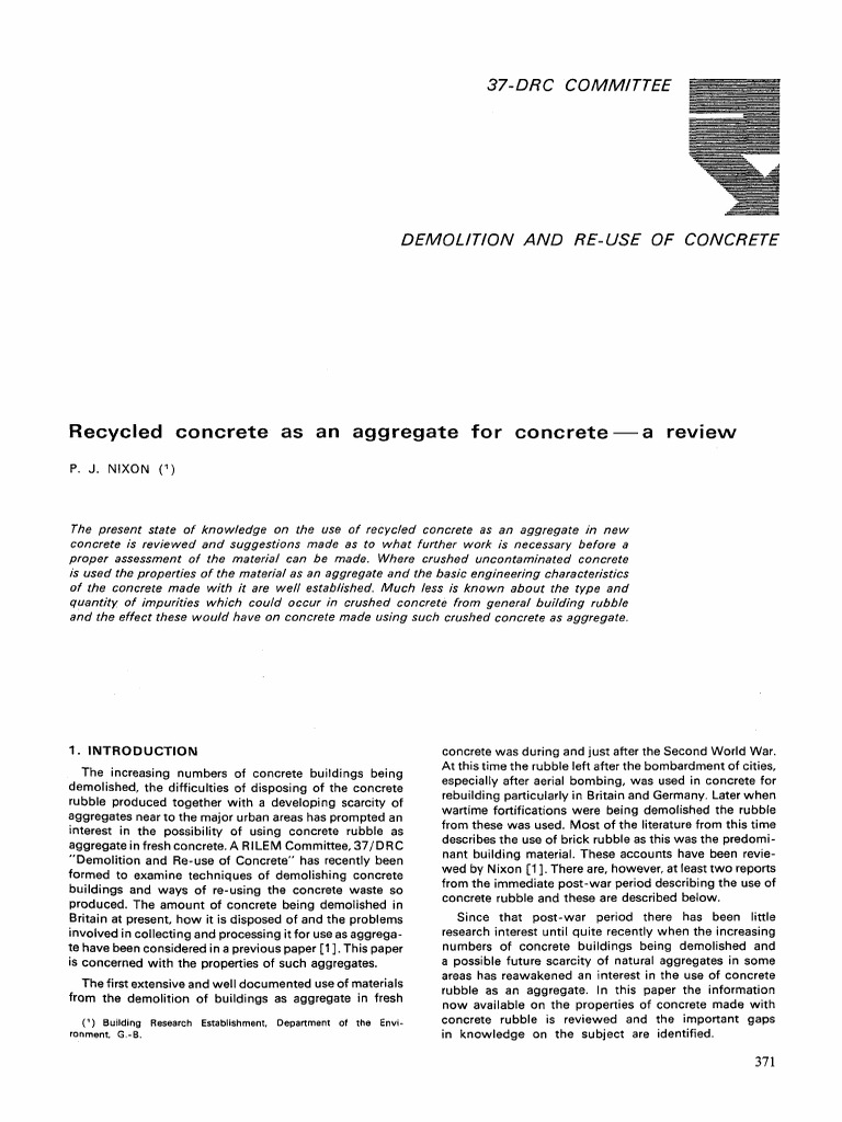 Recycled Concrete As An Aggregate For Concrete A Review: 37-Drc ...