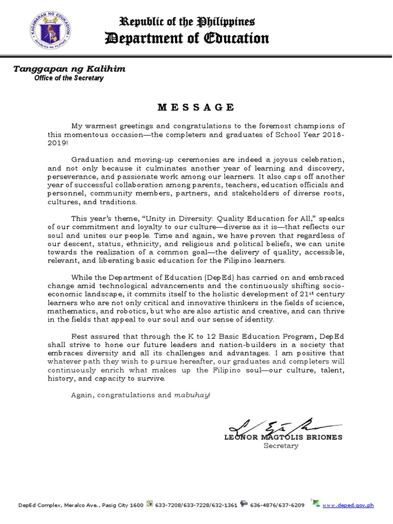 Message For Completers and Graduates of Sy 2018 2019 English | PDF ...