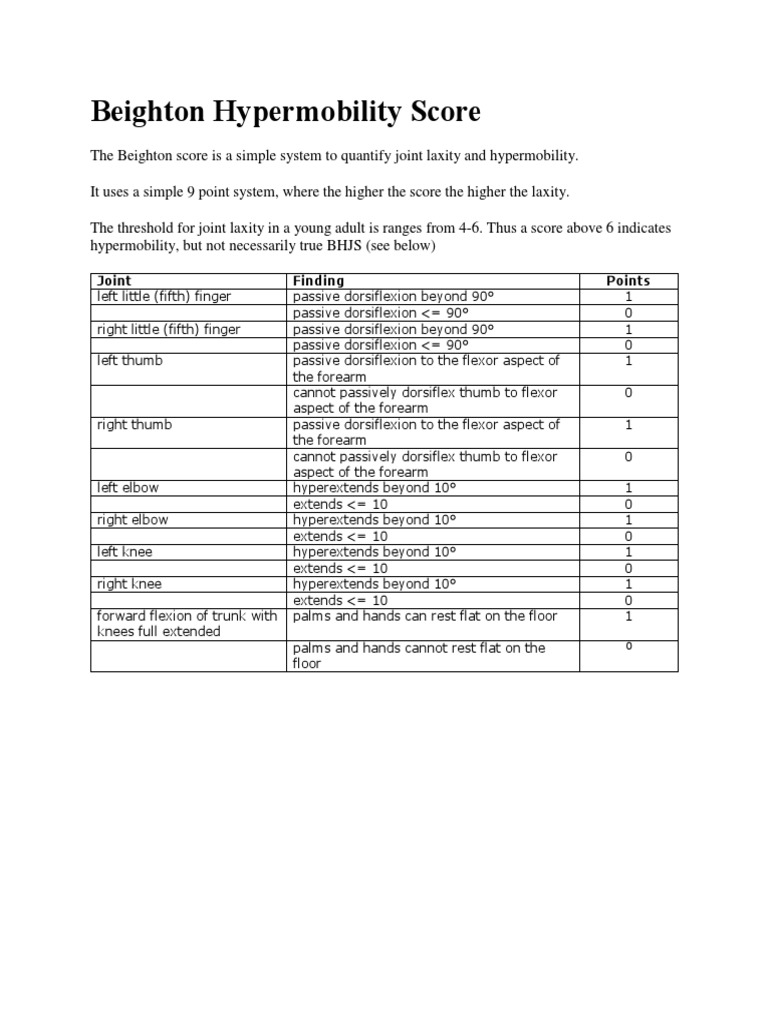 Beighton Hypermobility Score Guide | PDF | Anatomical Terms Of Motion ...