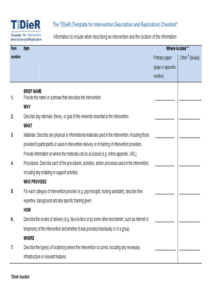 TIDieR Checklist PDF | Business