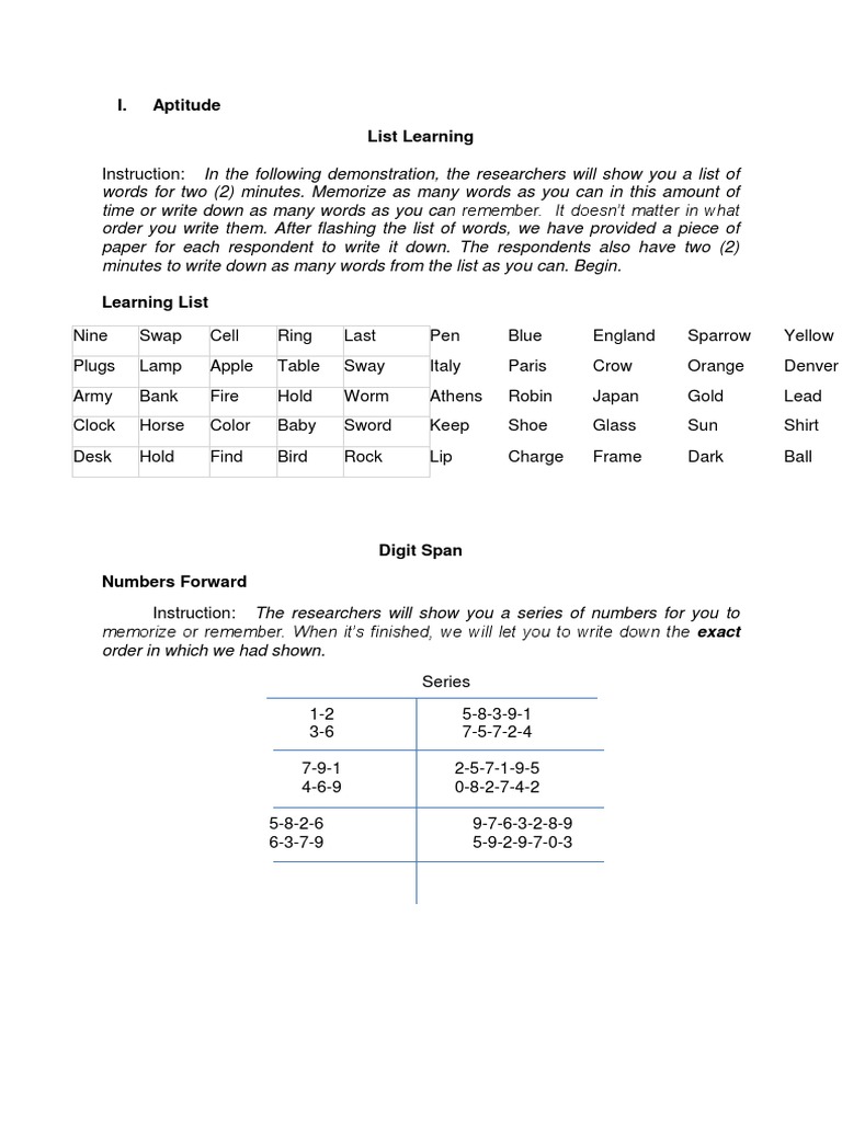 Memory Assessment Techniques and Survey | PDF