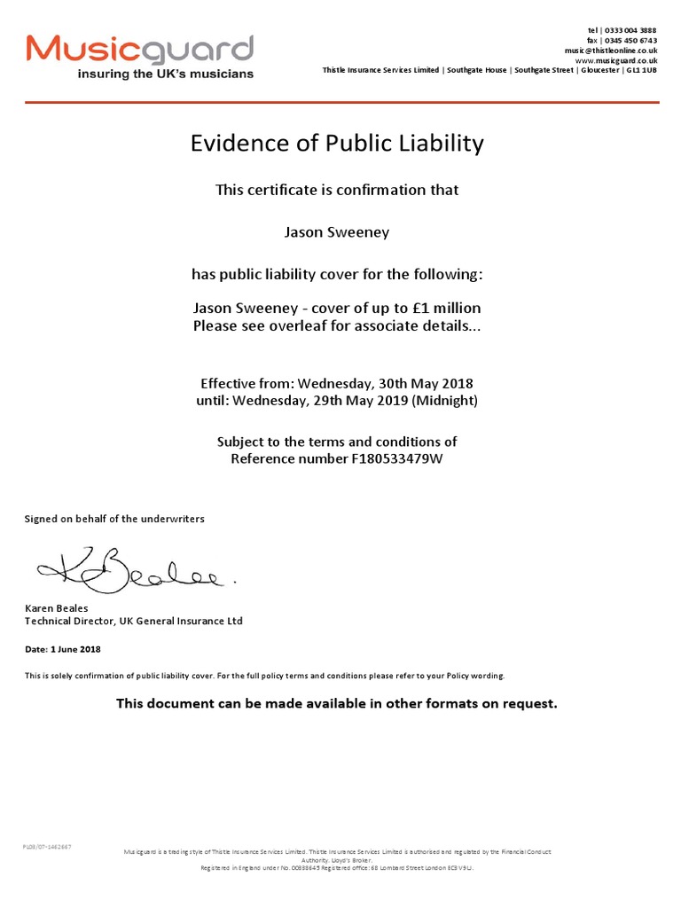 Public Liability Certificate | PDF | Insurance | Financial Risk