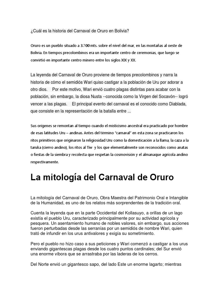 Cuál Es La Historia Del Carnaval de Oruro en Bolivia | PDF | Carnaval ...