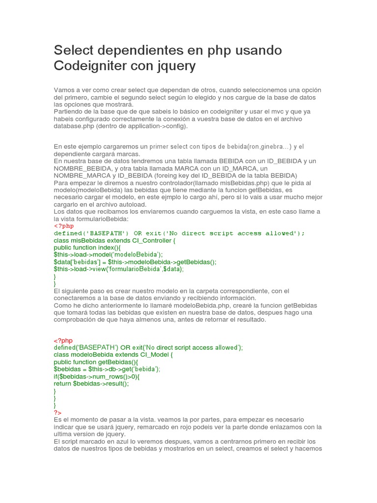 Select Dependientes En Php Usando Codeigniter Con Jquery Pdf Tabla Base De Datos Script Java