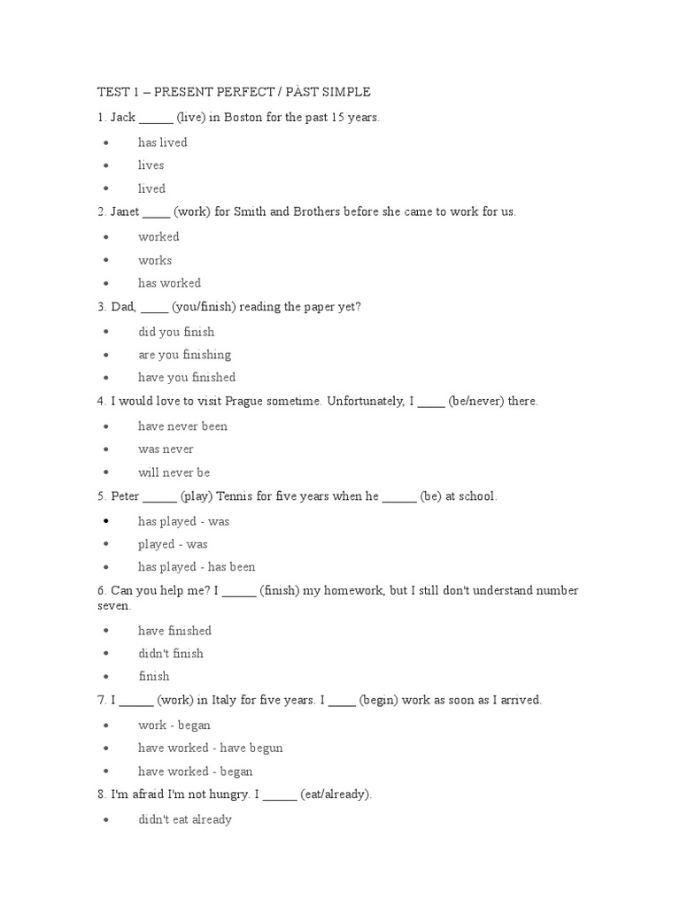 Present Perfect vs Past Simple Test | PDF | Leisure