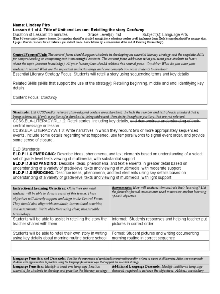 edtpa retelling lesson plans 1-4 | Differentiated Instruction | Lesson Plan
