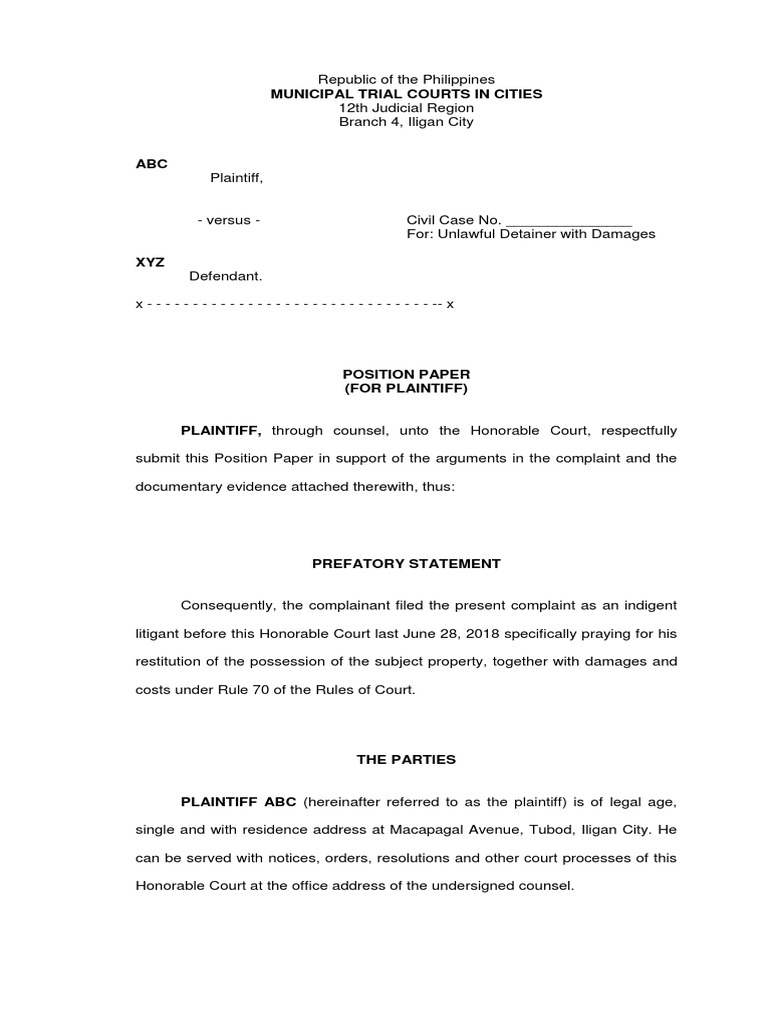 Unlawful Detainer Case Position Paper | PDF | Lawsuit | Complaint