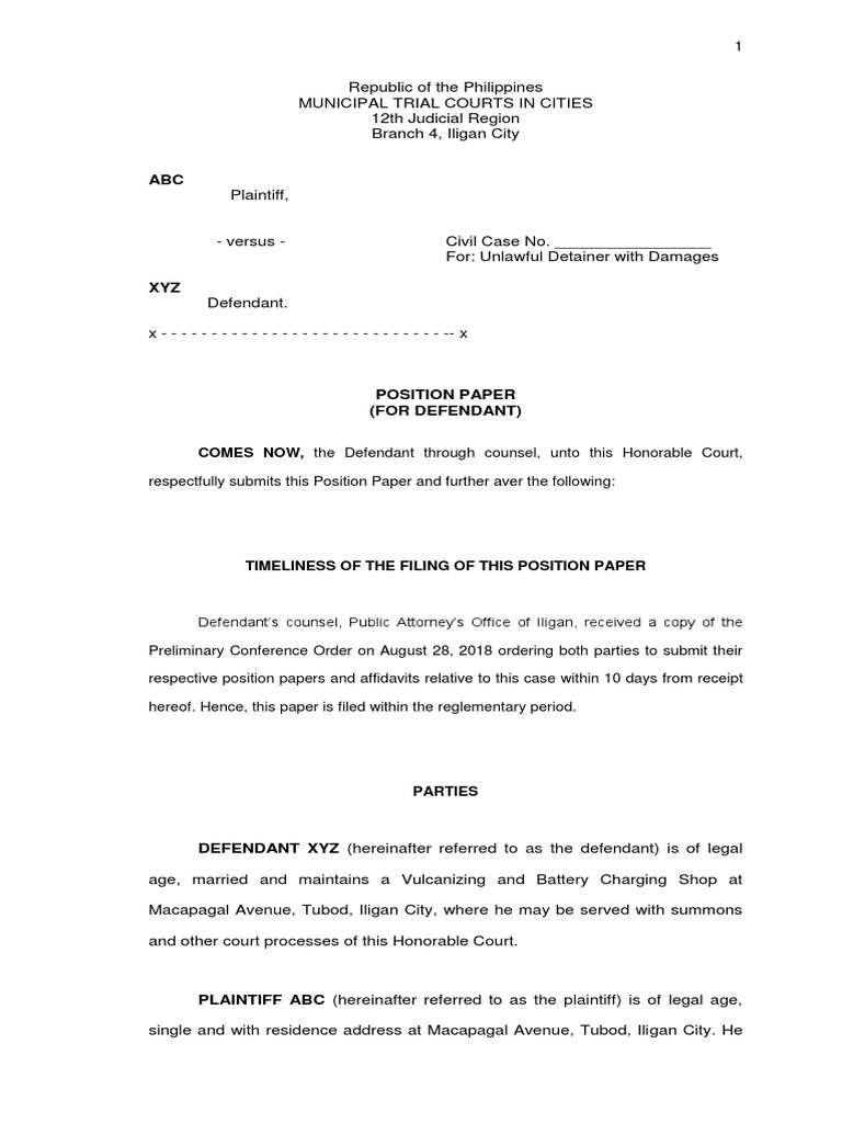 Position Paper in Ejectment Case (For Defendant) | PDF | Complaint | Lease