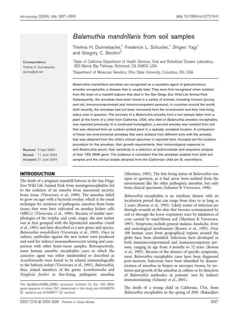 Balamuthia Mandrillaris From Soil Samples: Thelma H. Dunnebacke ...