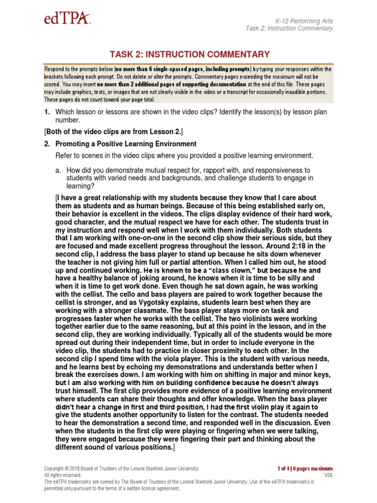 K-12 Performing Arts Task 2: Instruction Commentary | Download Free PDF ...