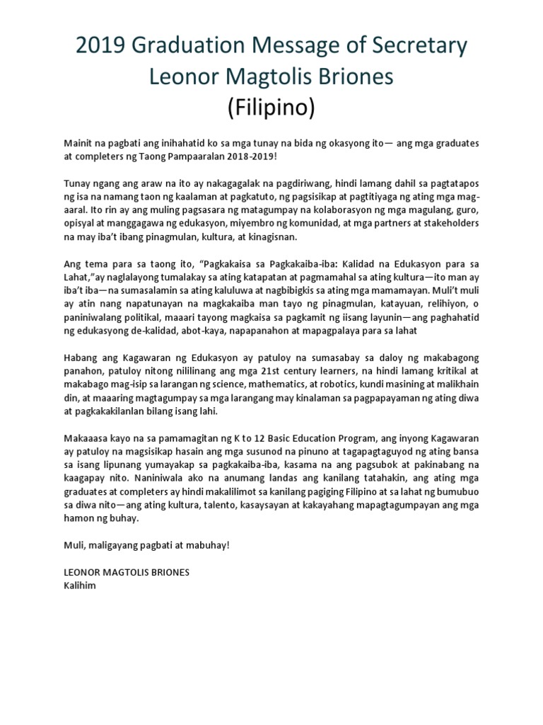 2019 Graduation Message (Filipino) | PDF