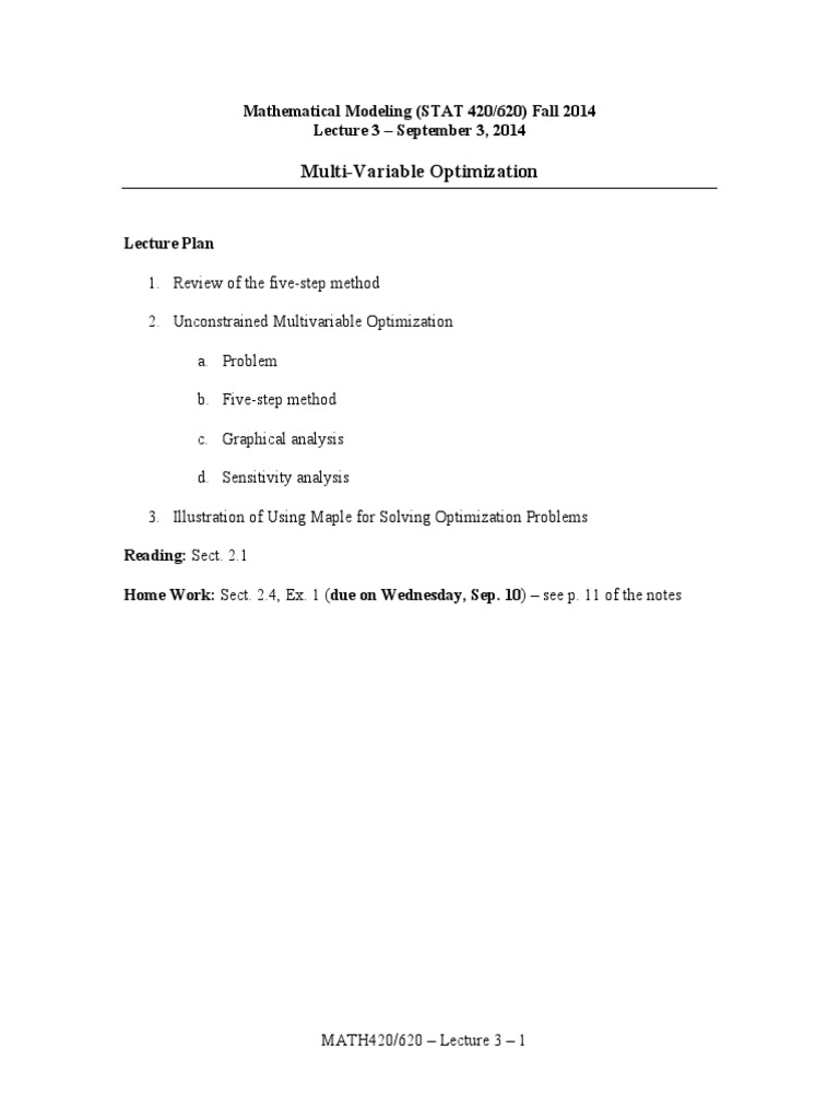 Multi-Variable Optimization: Mathematical Modeling (STAT 420/620) Fall ...
