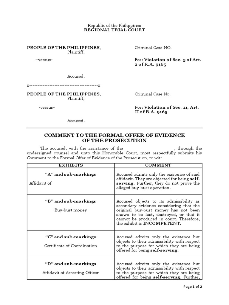 Comment To The Formal Offer of Evidence | PDF | Prosecutor | Evidence