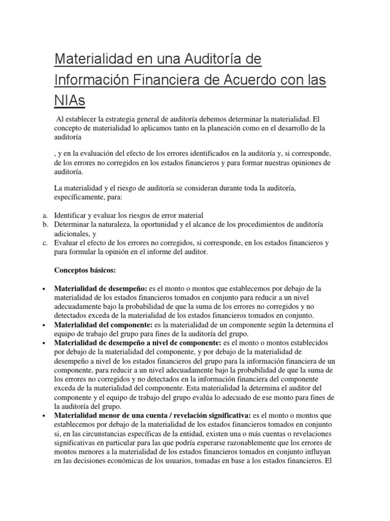 Materialidad de La Auditoria | PDF | Auditoría | Estado financiero