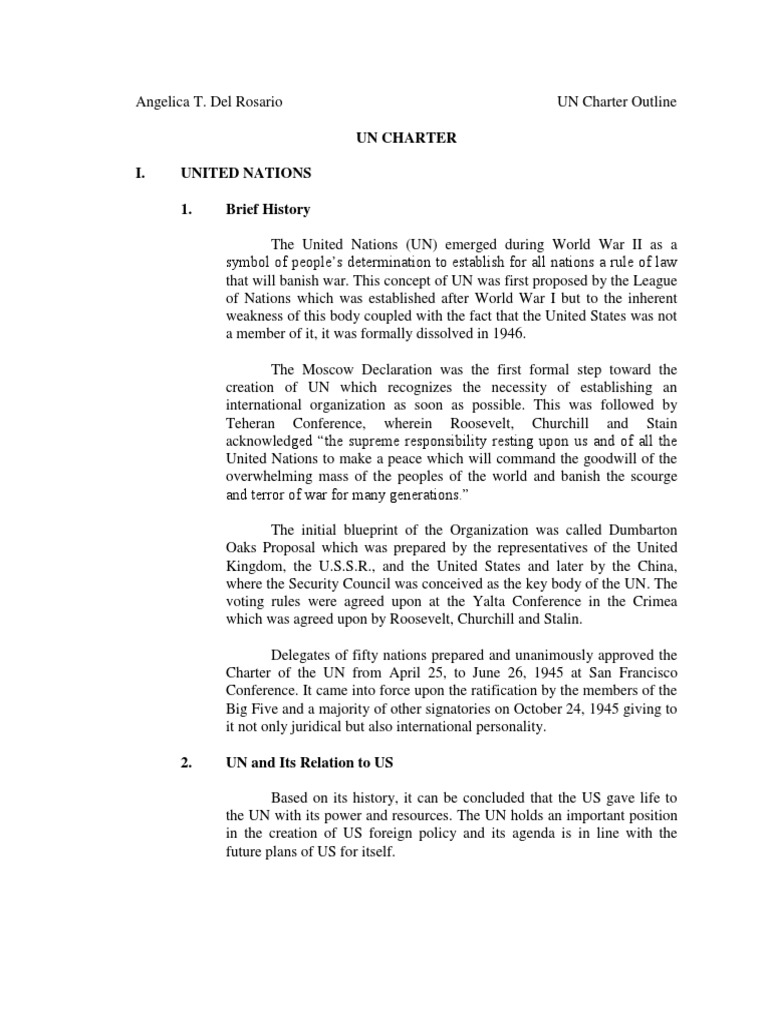 Un Charter I. United Nations 1. Brief History | PDF | United Nations ...