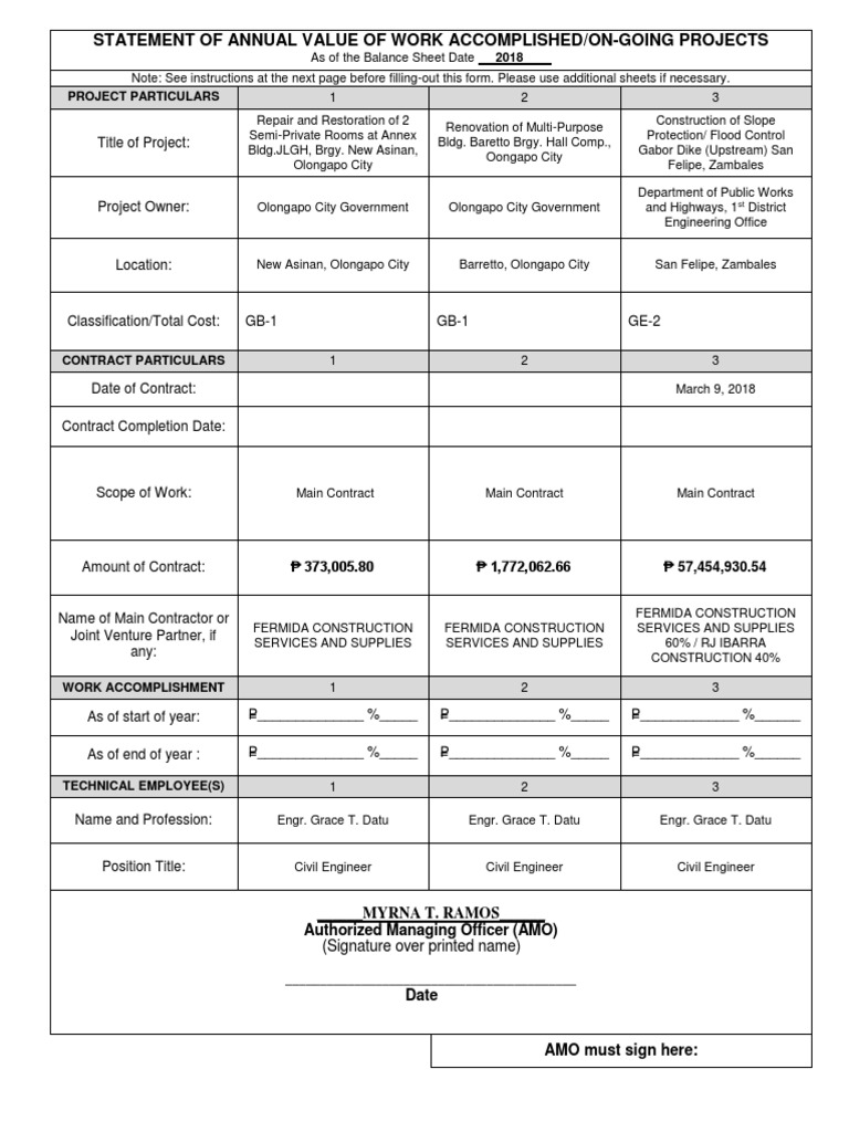 Statement of Annual Value of Work Accomplished | PDF | Engineering ...